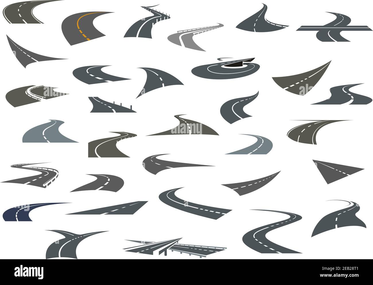 Road symbols with winding highways, forked pathways and crossroads for ...