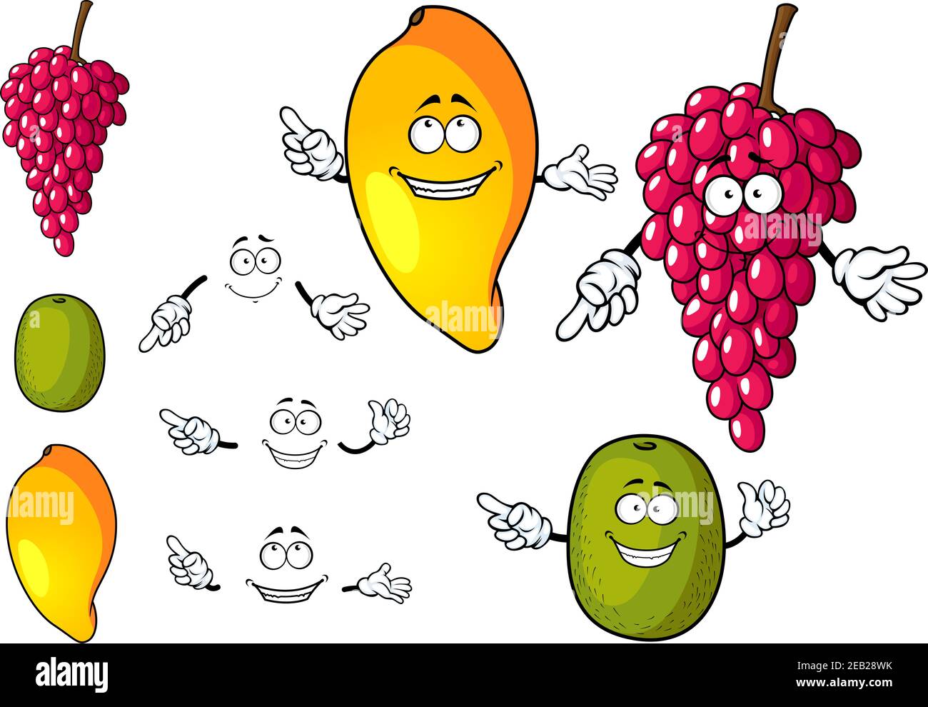 Happy bright fruit cartoon characters with mango, tropical kiwi and ...
