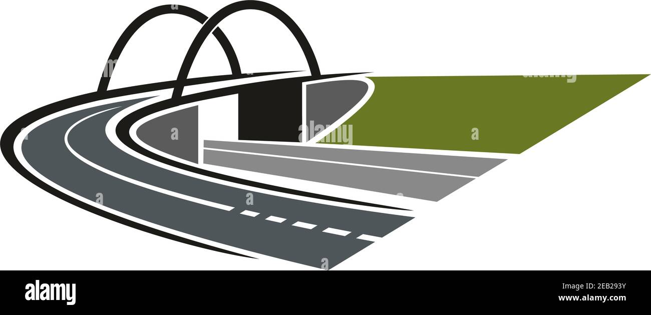 Highway road turns to the arch bridge between green hills for ...