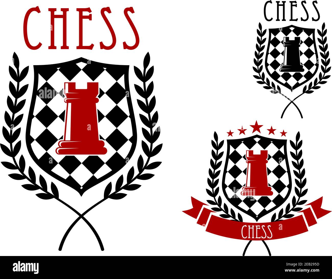 Chess tournament emblems or badges including red rook on chessboard ...