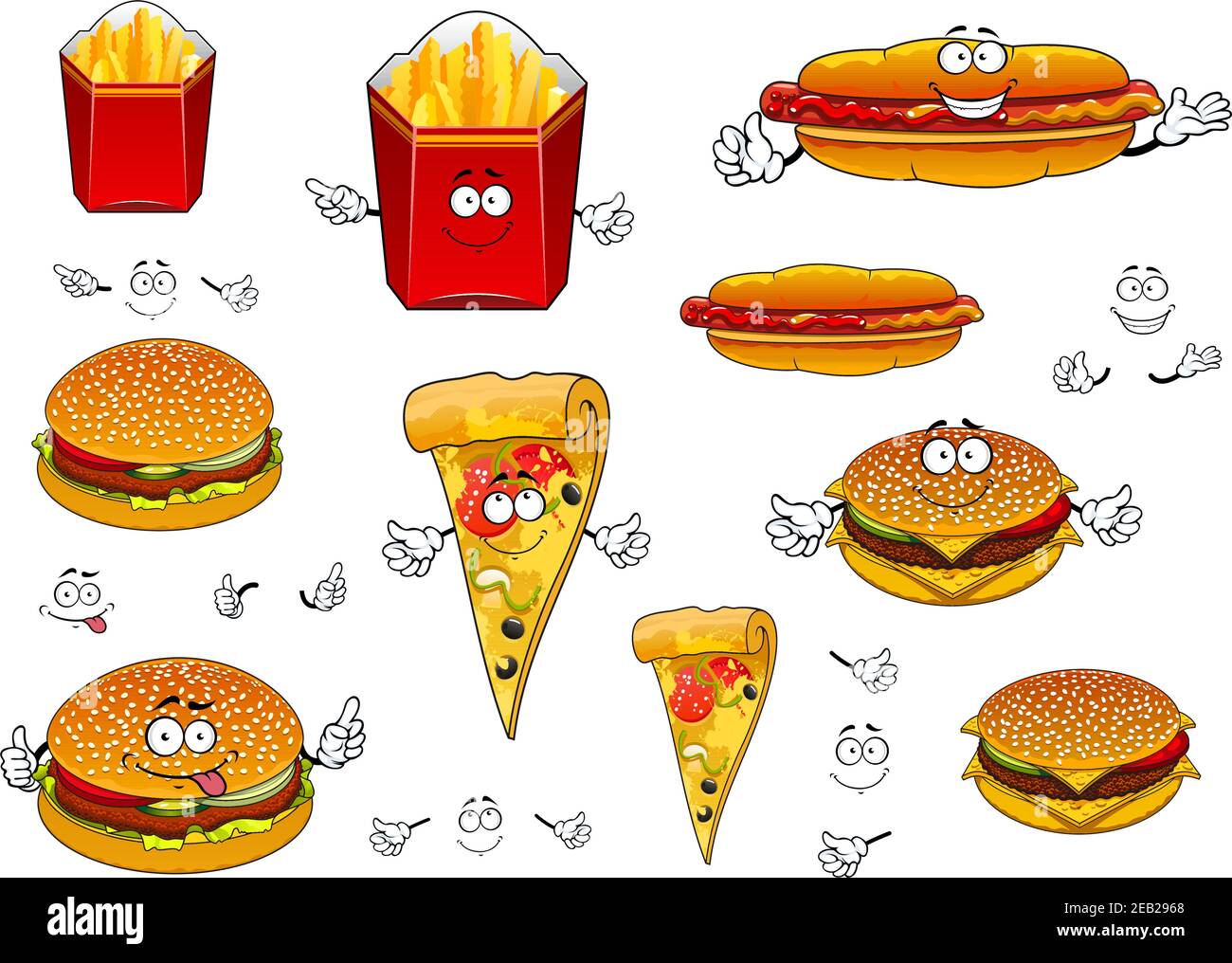 Cartoon cute fast food characters with french fries box, pizza slice ...