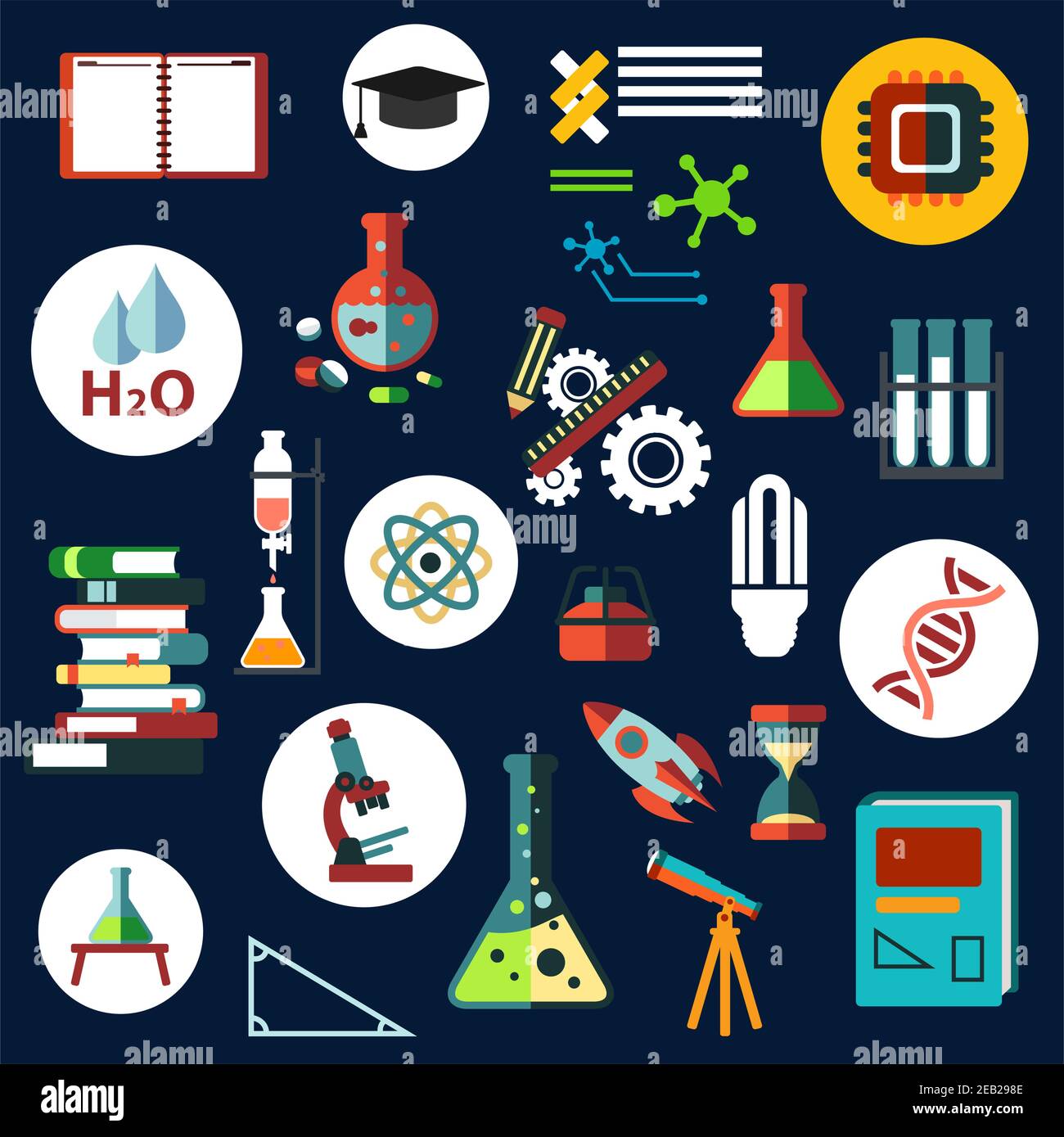 Science and education flat icons with laboratory equipment, books ...