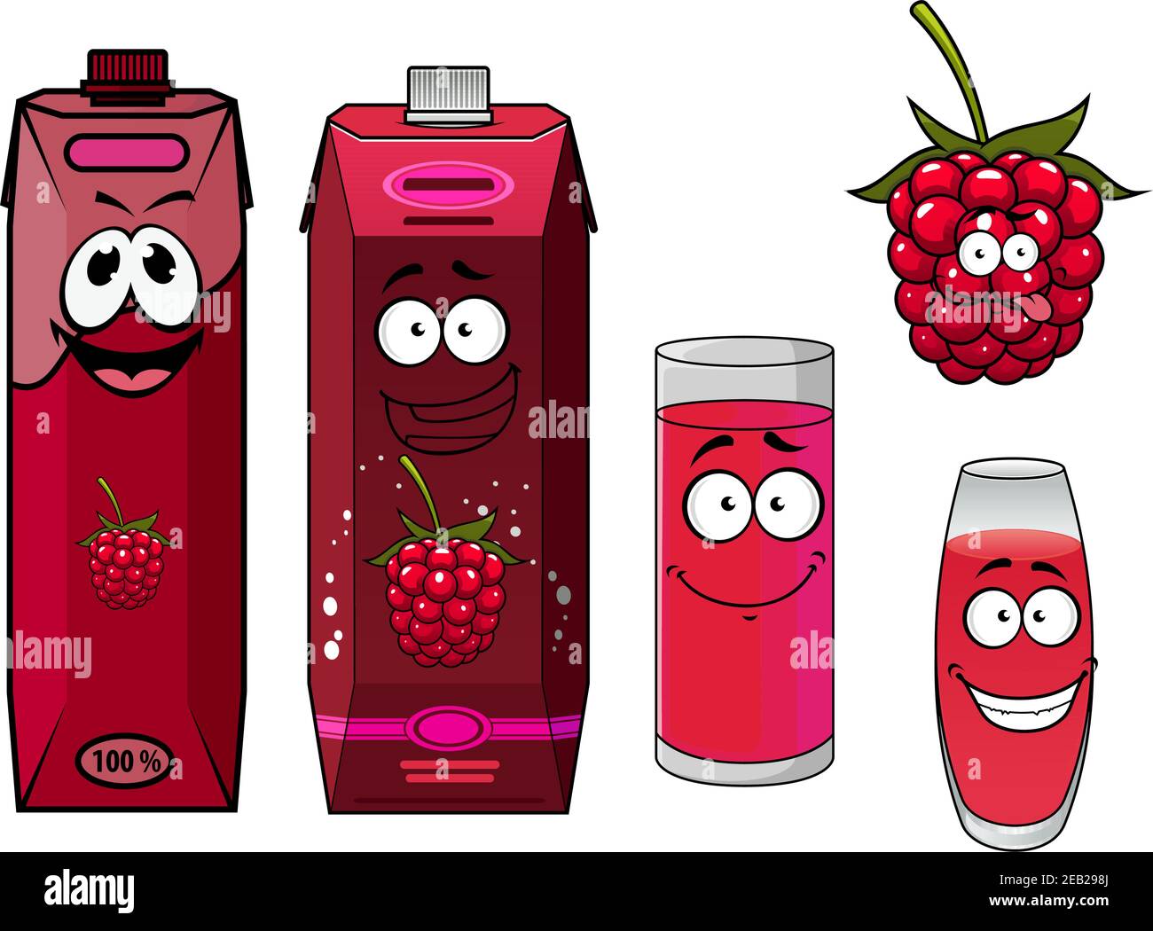 Healthy natural raspberry juice cartoon characters with happy raspberry ...