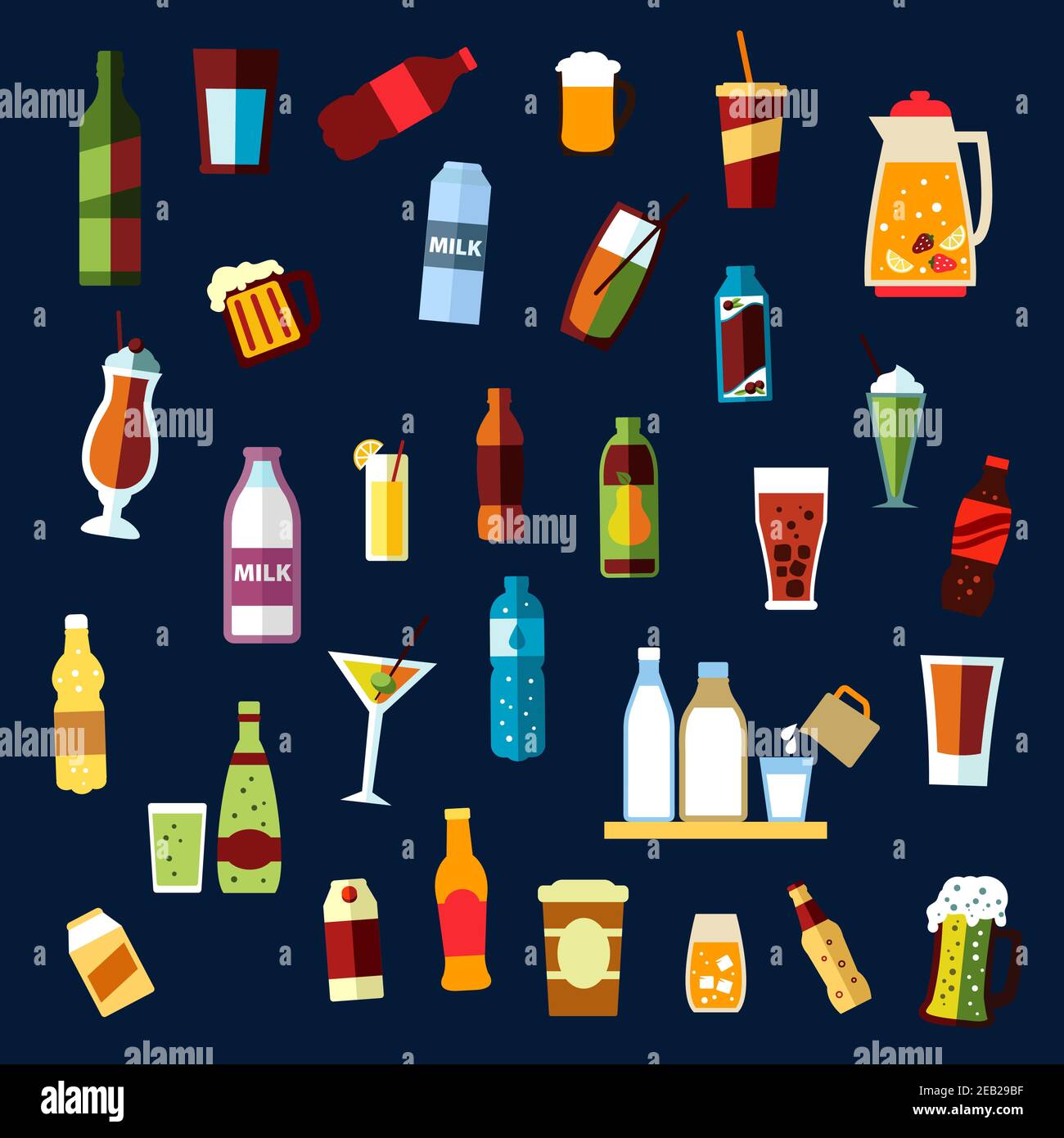 Beverages or drinks non alcoholic and alcoholic drinks with bottles of ...