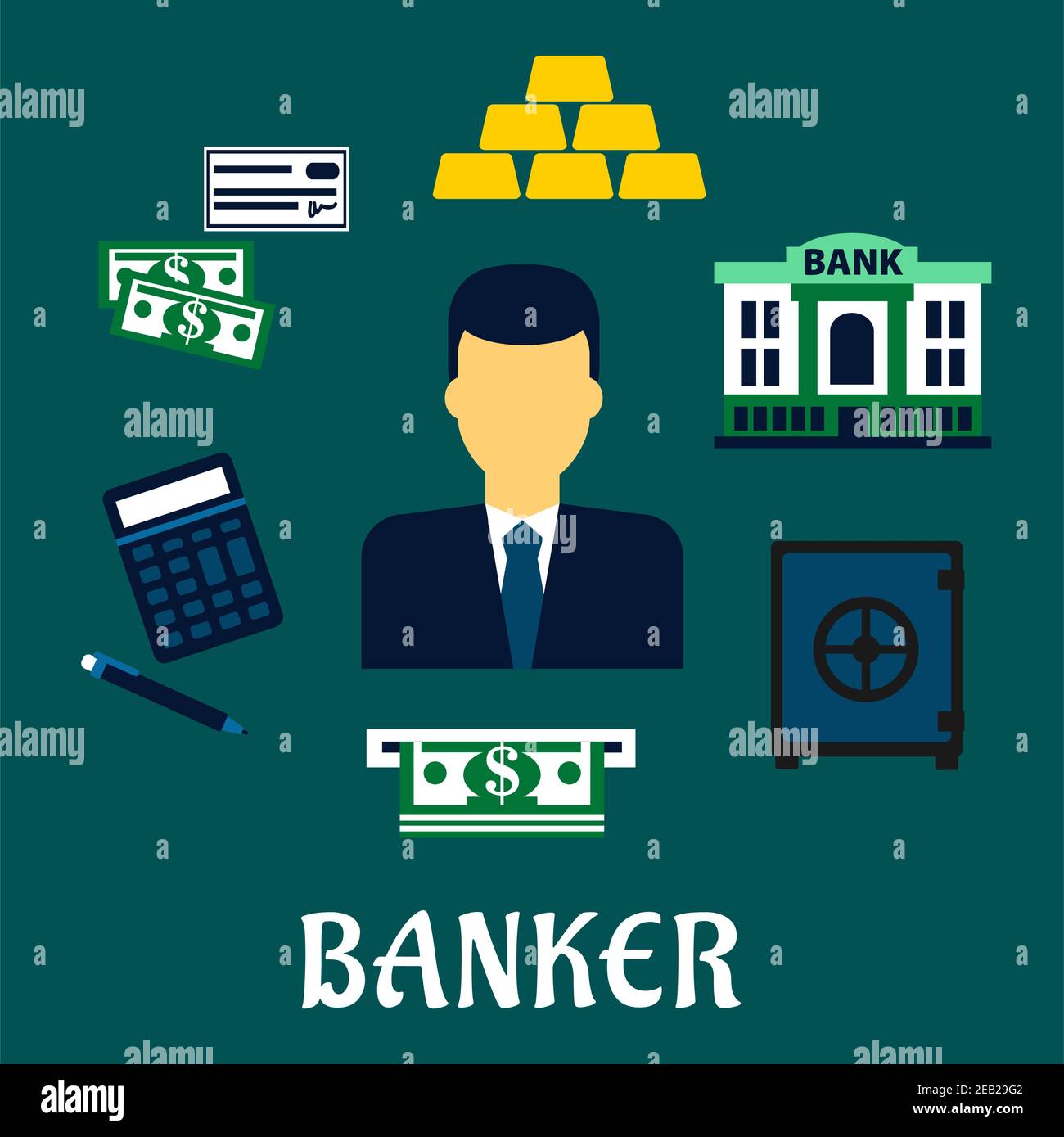 Banker profession concept with man in elegant costume and necktie among ...