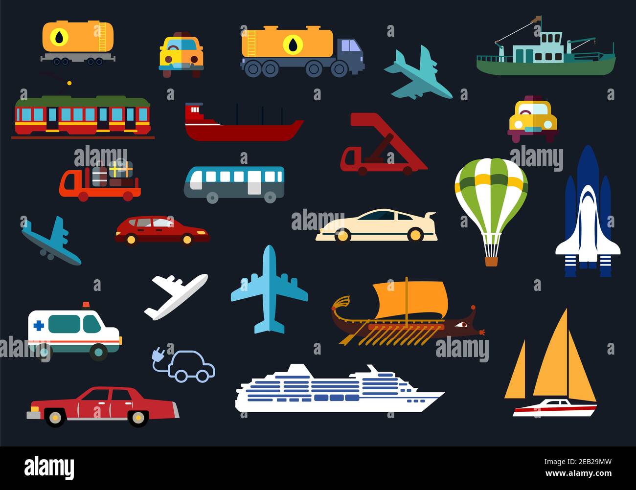 Transportation flat icons with airplanes, aircraft steps, hot air ...