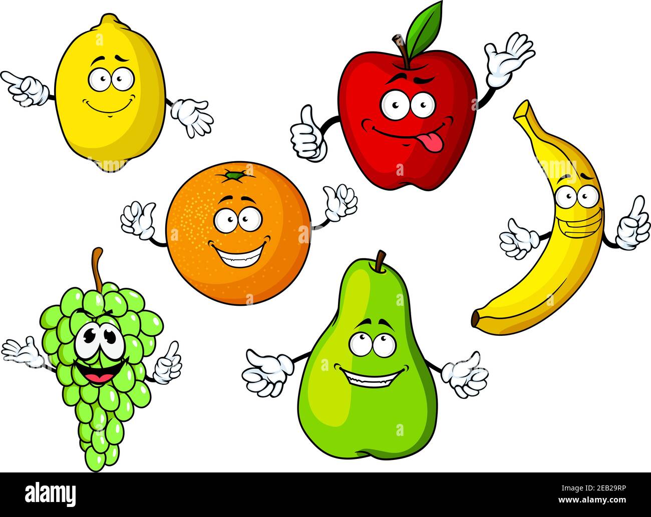 Juicy fresh cartoon apple, lemon, orange, banana, grape bunch and pear ...