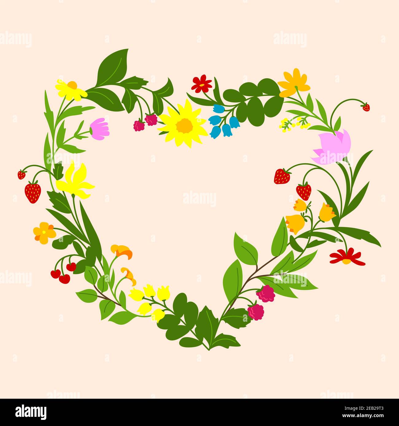 Floral frame design with heart shaped wreath, composed of spring ...