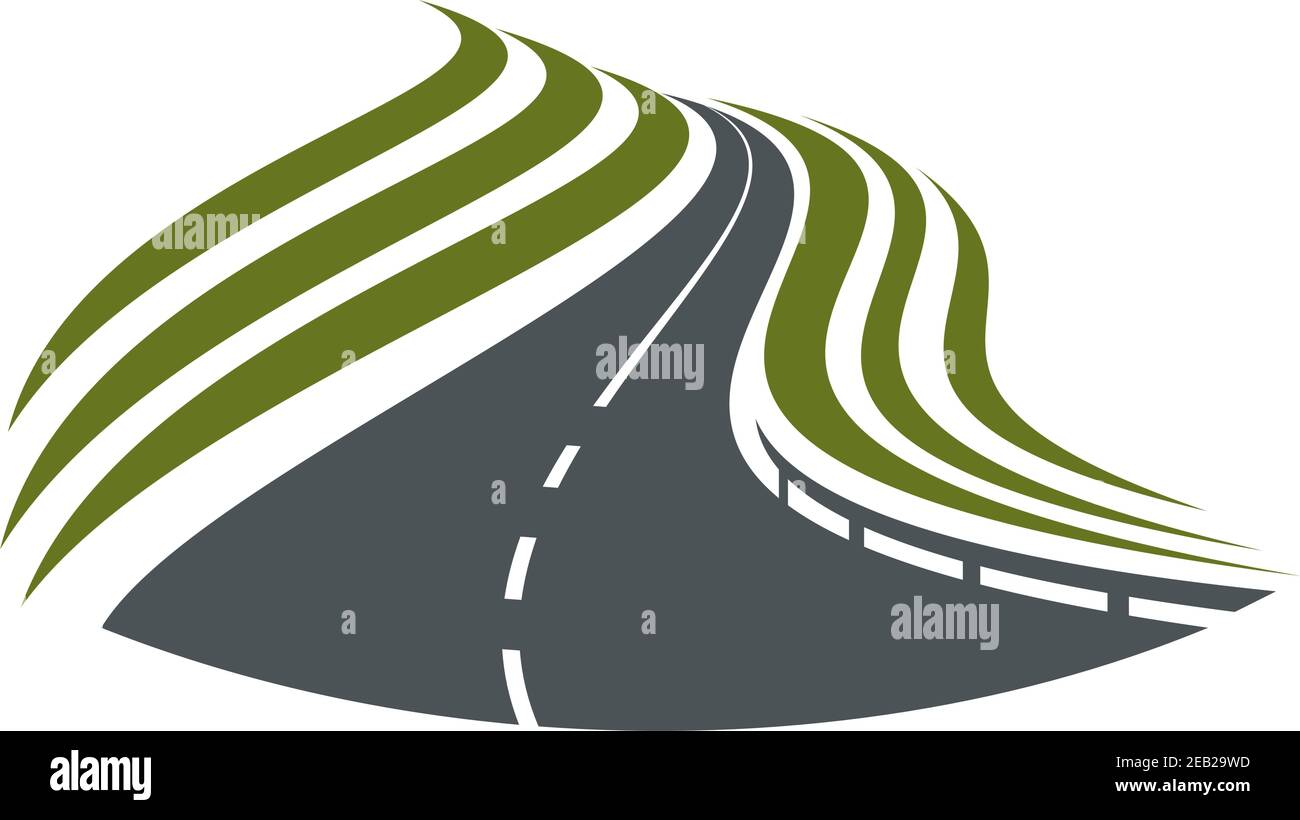 Highway road with white dividing strip and green roadside isolated on ...