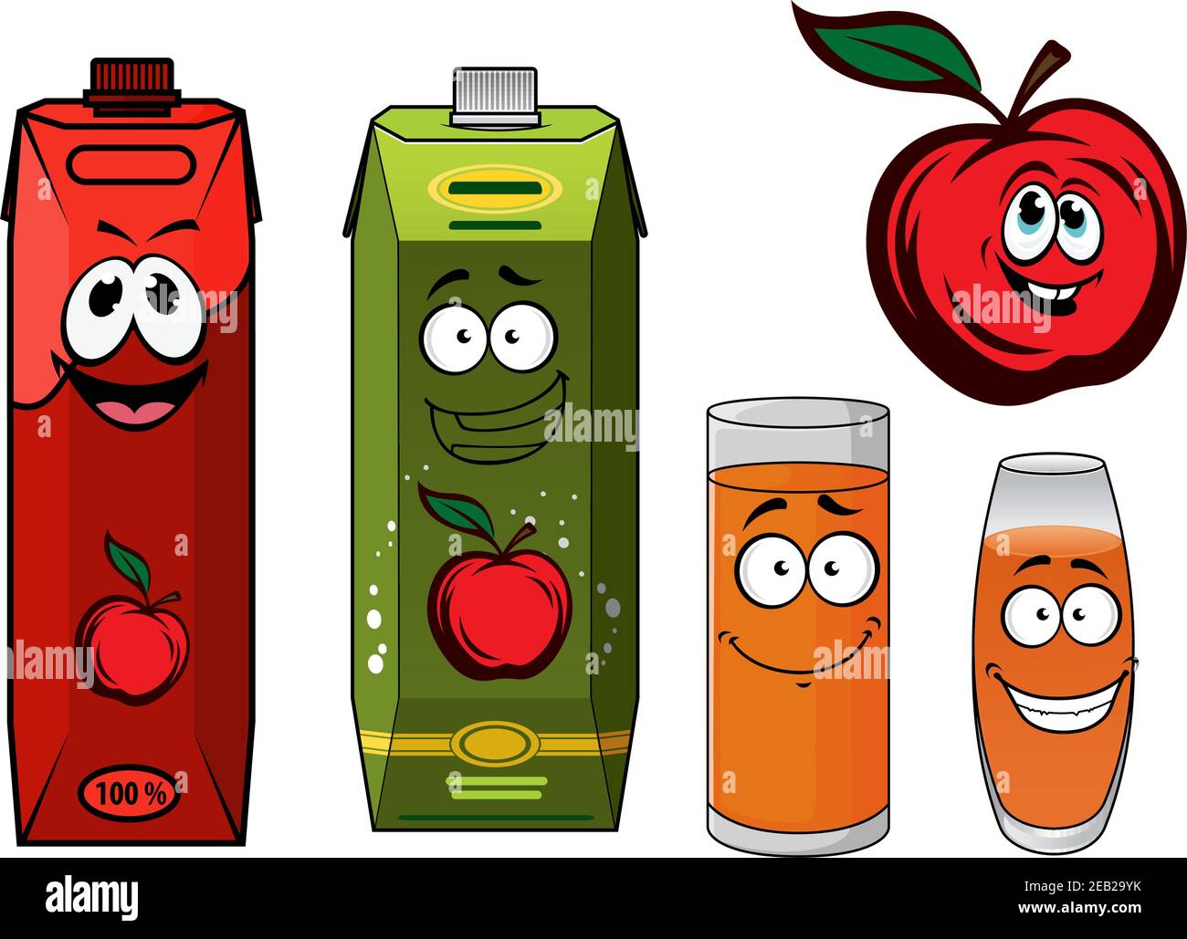 Apple juice cartoon characters with funny fresh red apple, cardboard ...