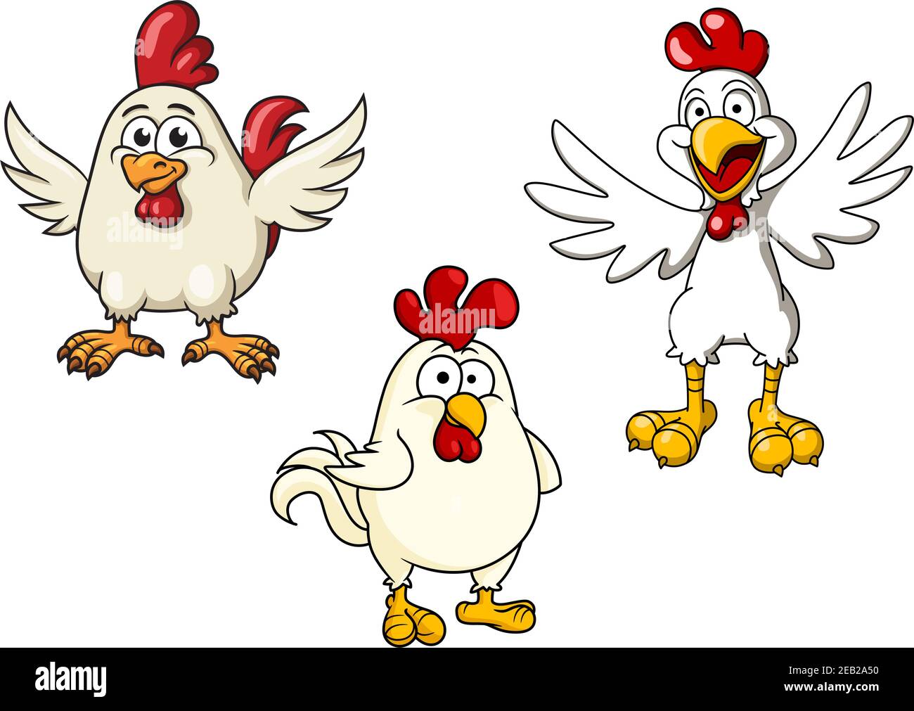 Cartoon white roosters or cocks with red crests and flapping wings, for ...