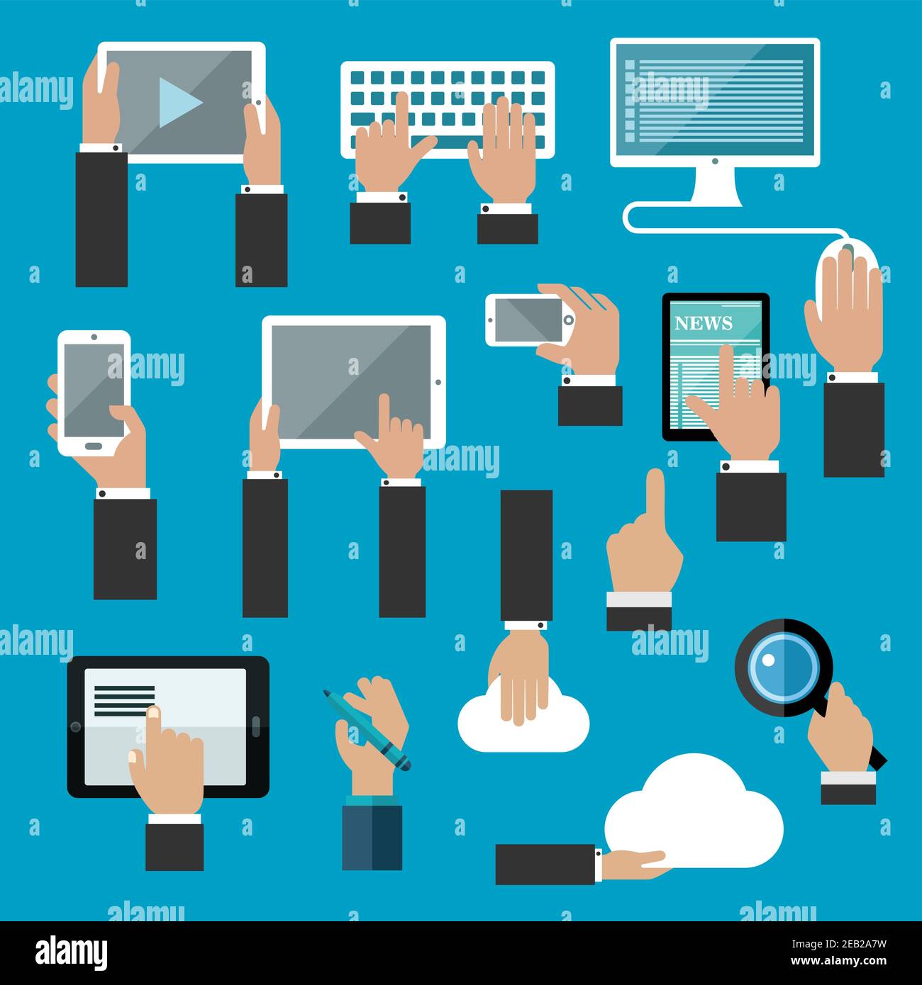 Digital devices and web technology flat concept swith human hands ...