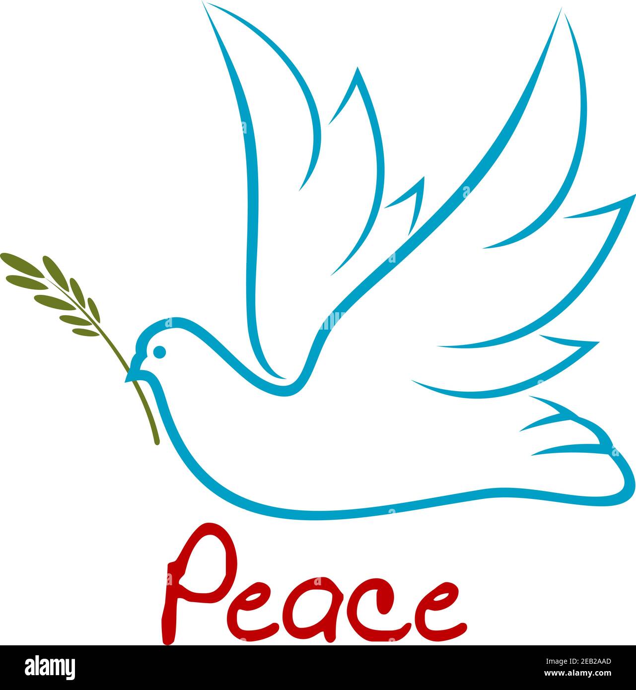 Blue outline symbol of flying dove with raised wings and green twig in ...