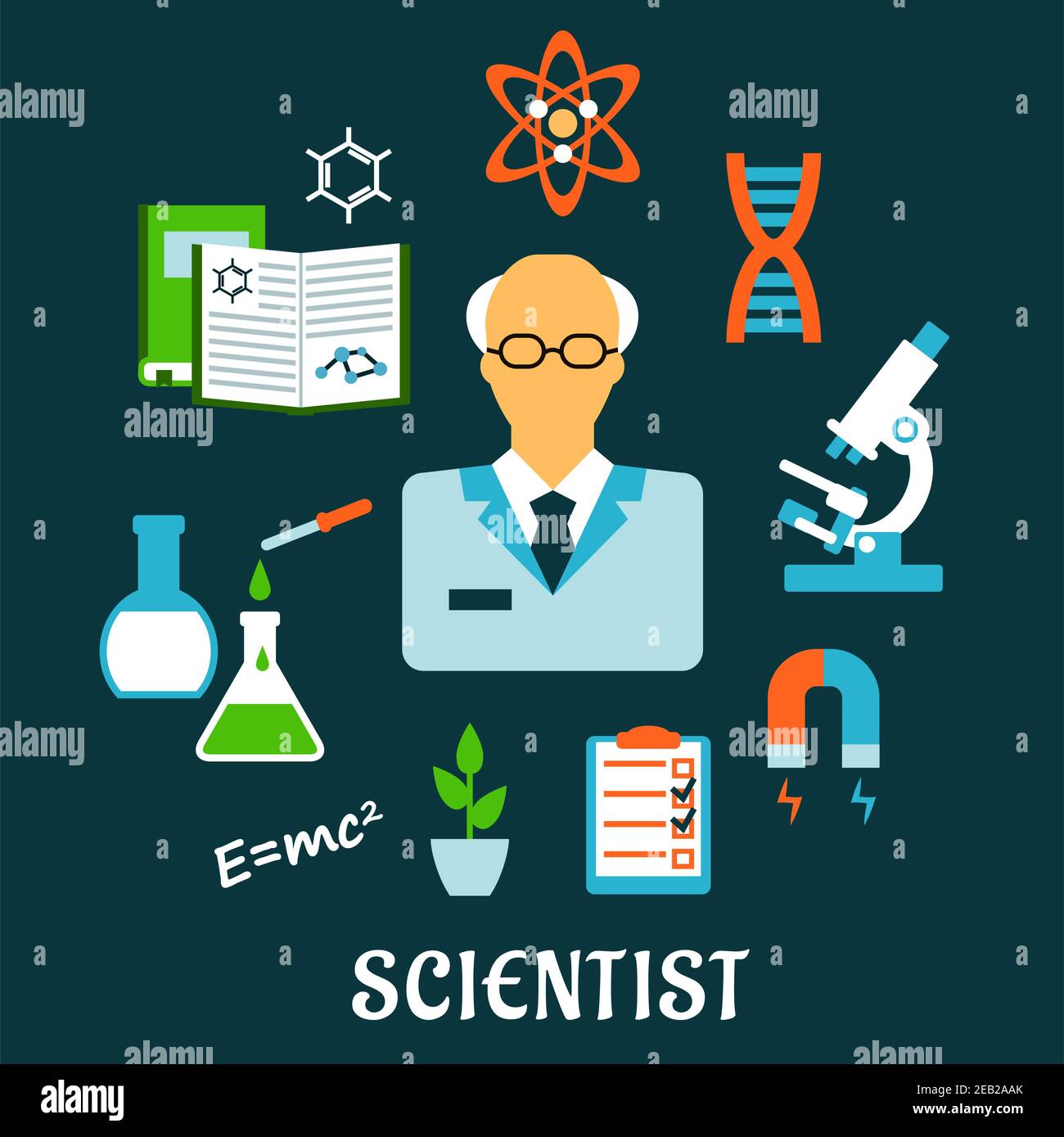Scientist profession flat concept with mature man in eye glasses and ...