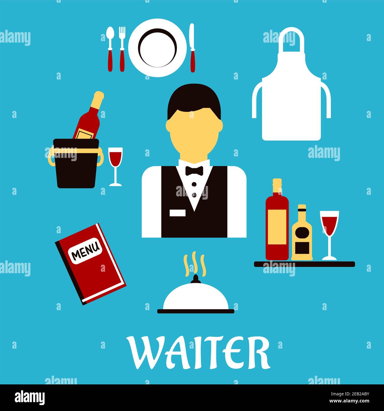 Waiter profession flat concept with man in uniform, bow tie encircled ...