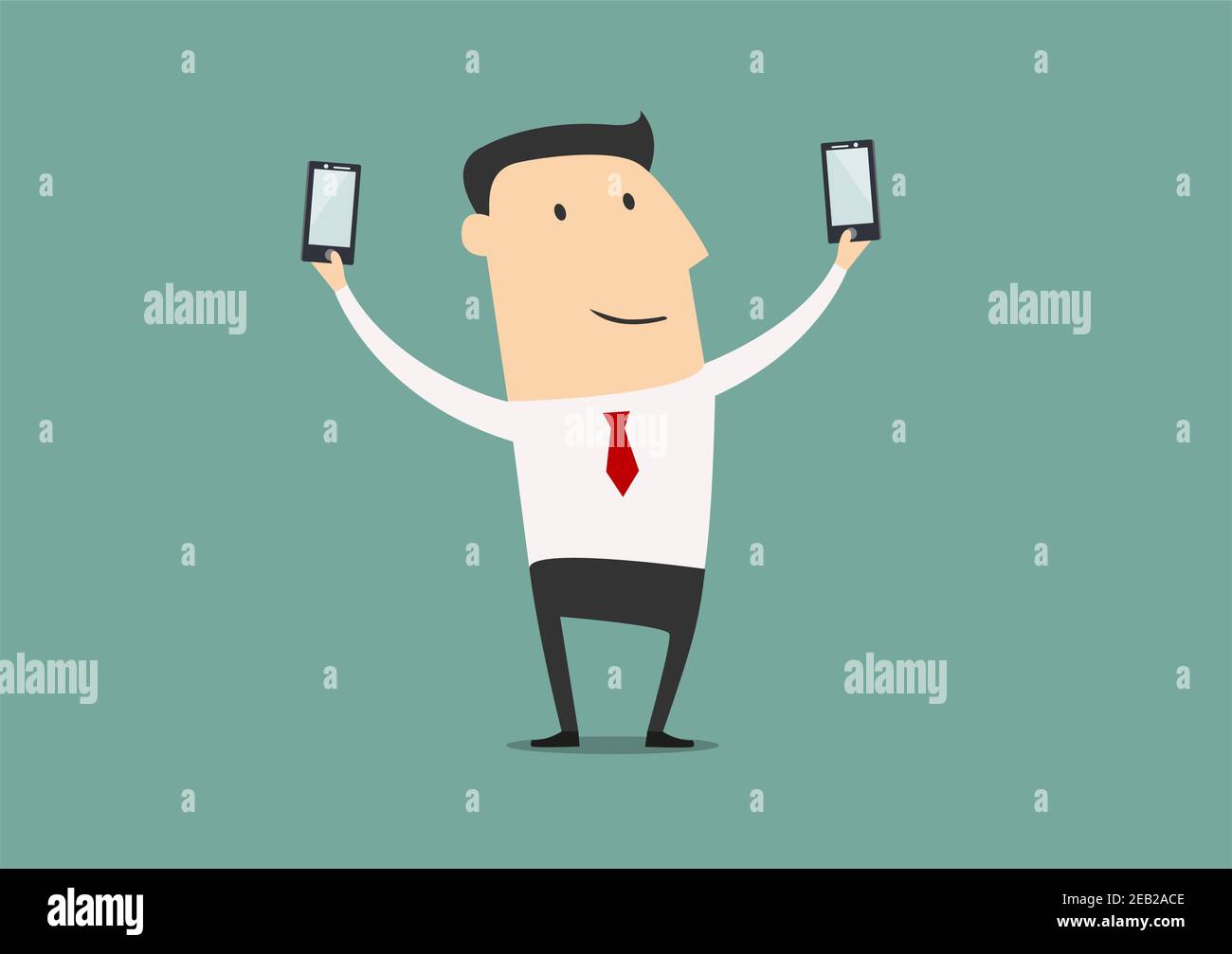 Businessman posing and making double selfie shots with two smartphones ...