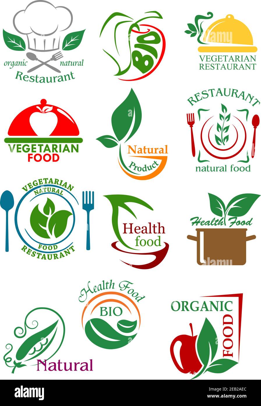 Vegetarian and natural healthy food emblems with abstract colorful ...