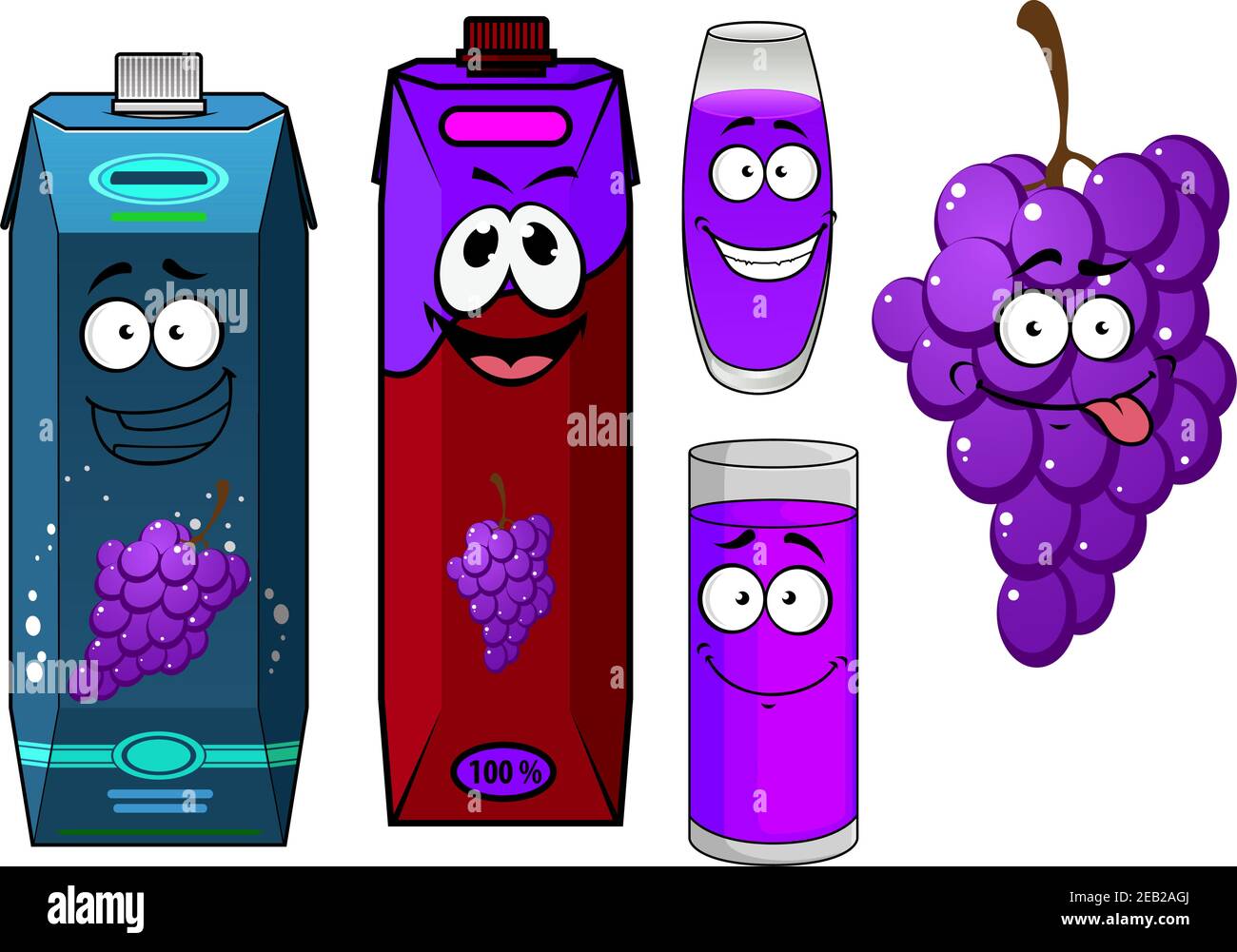 Cartoon blue and red grape juice packs, glasses with violet drinks and ...