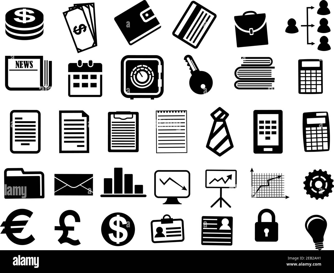 Business icons and symbols in flat style with black finance documents ...