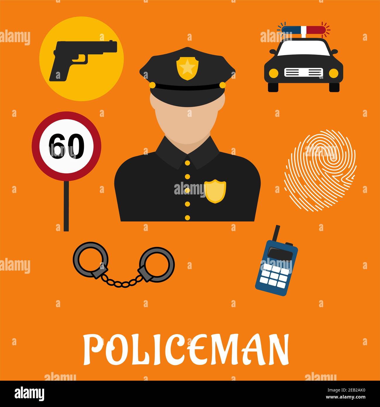 Policeman profession concept with officer in black uniform surrounded ...