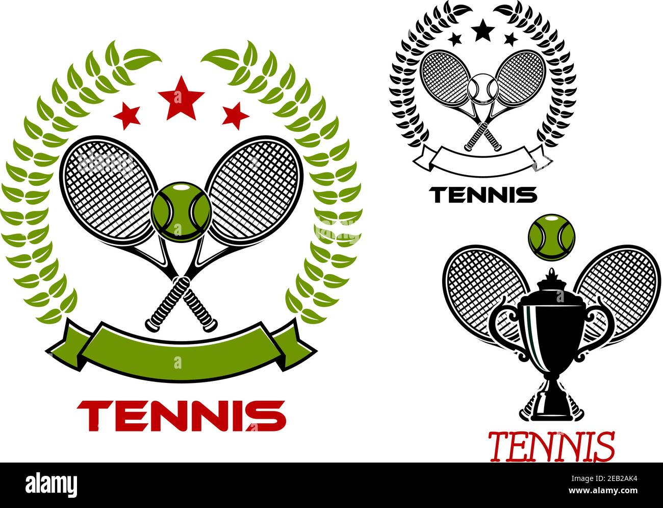 Tennis tournament emblems or badges designs with crossed rackets, balls ...