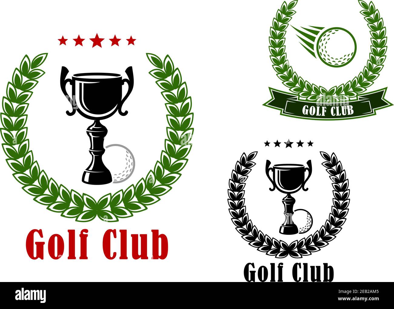 Golf club heraldic emblems with trophy cups, golf balls, laurel wreaths ...