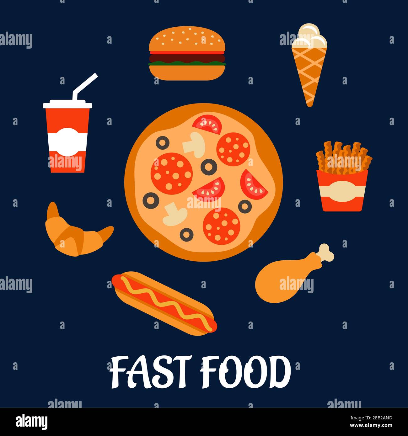 Fast food icons in flat style with pepperoni pizza, burger, soda ...