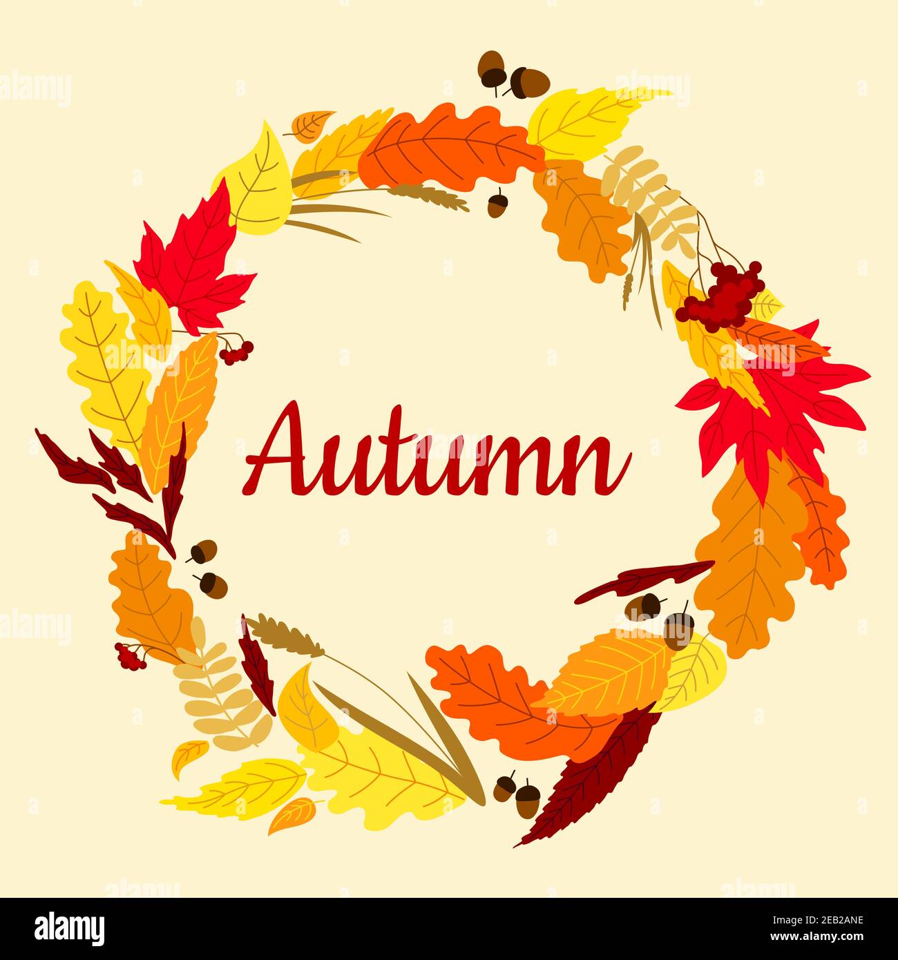 Colorful autumnal leaves frame arranged in a round wreath with acorns ...