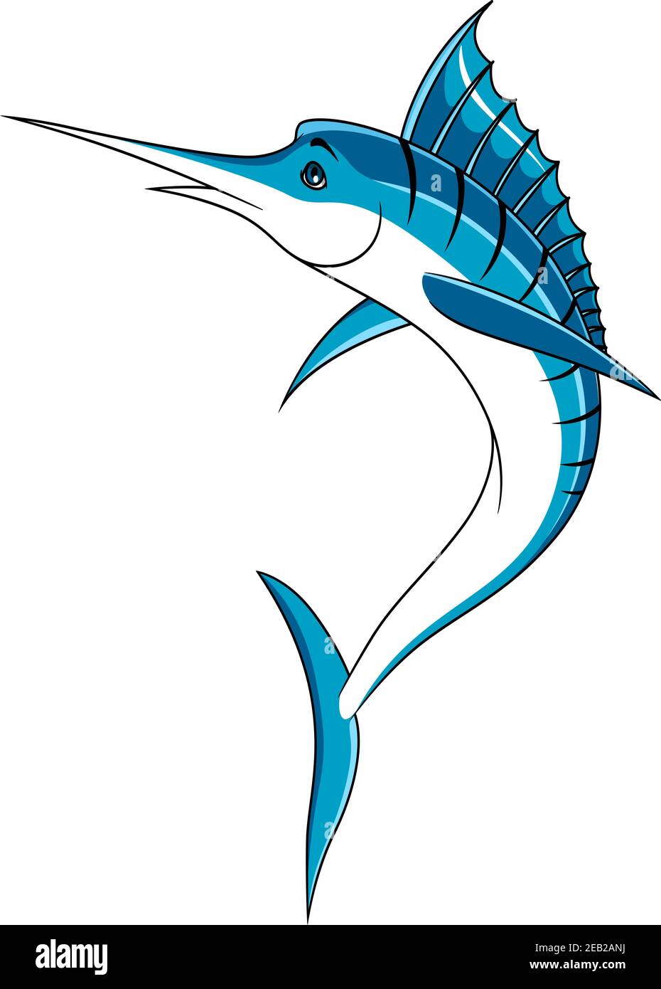 Jumping atlantic blue marlin fish in cartoon style with long bill, blue ...