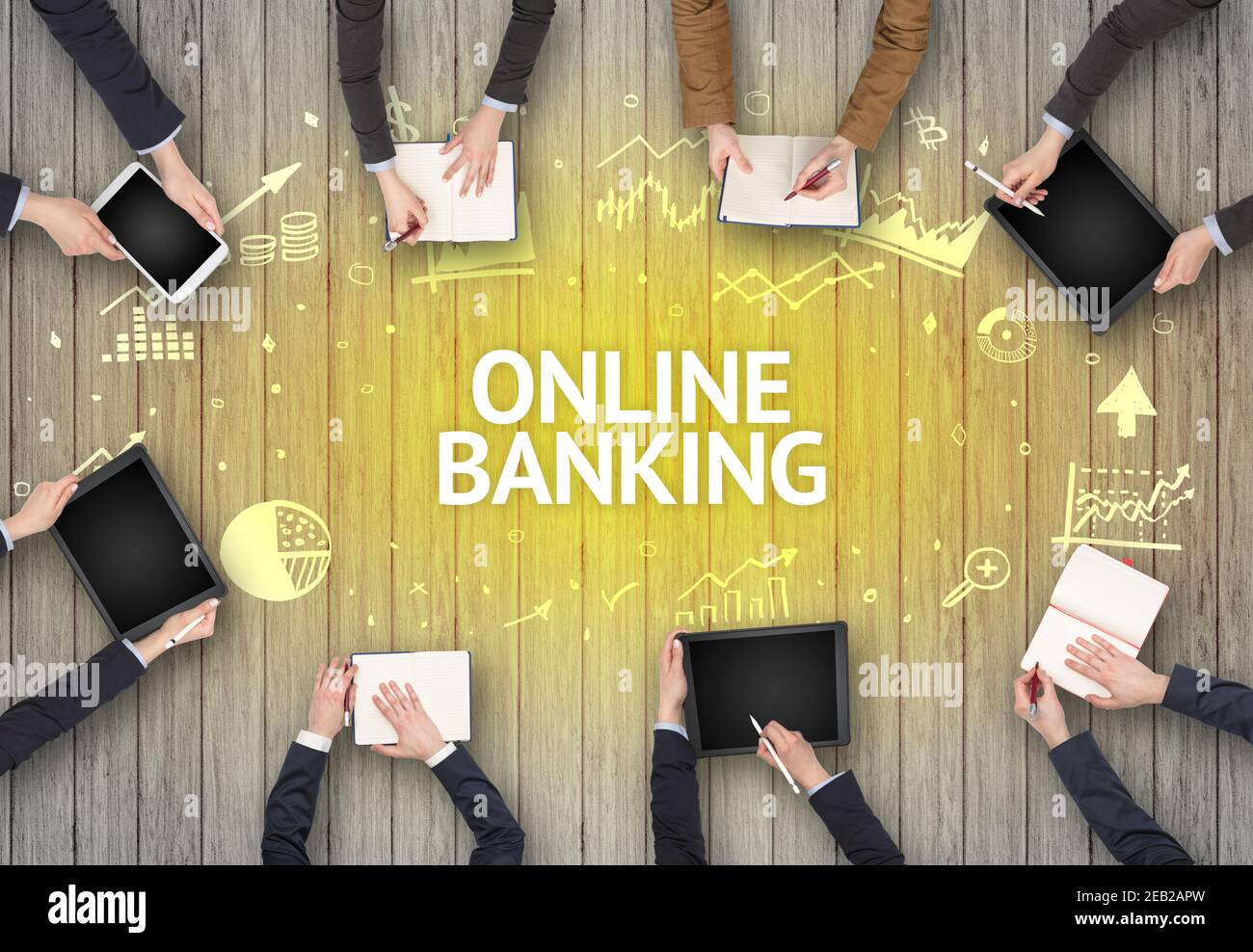 Group of Busy People Working in an Office with ONLINE BANKING ...