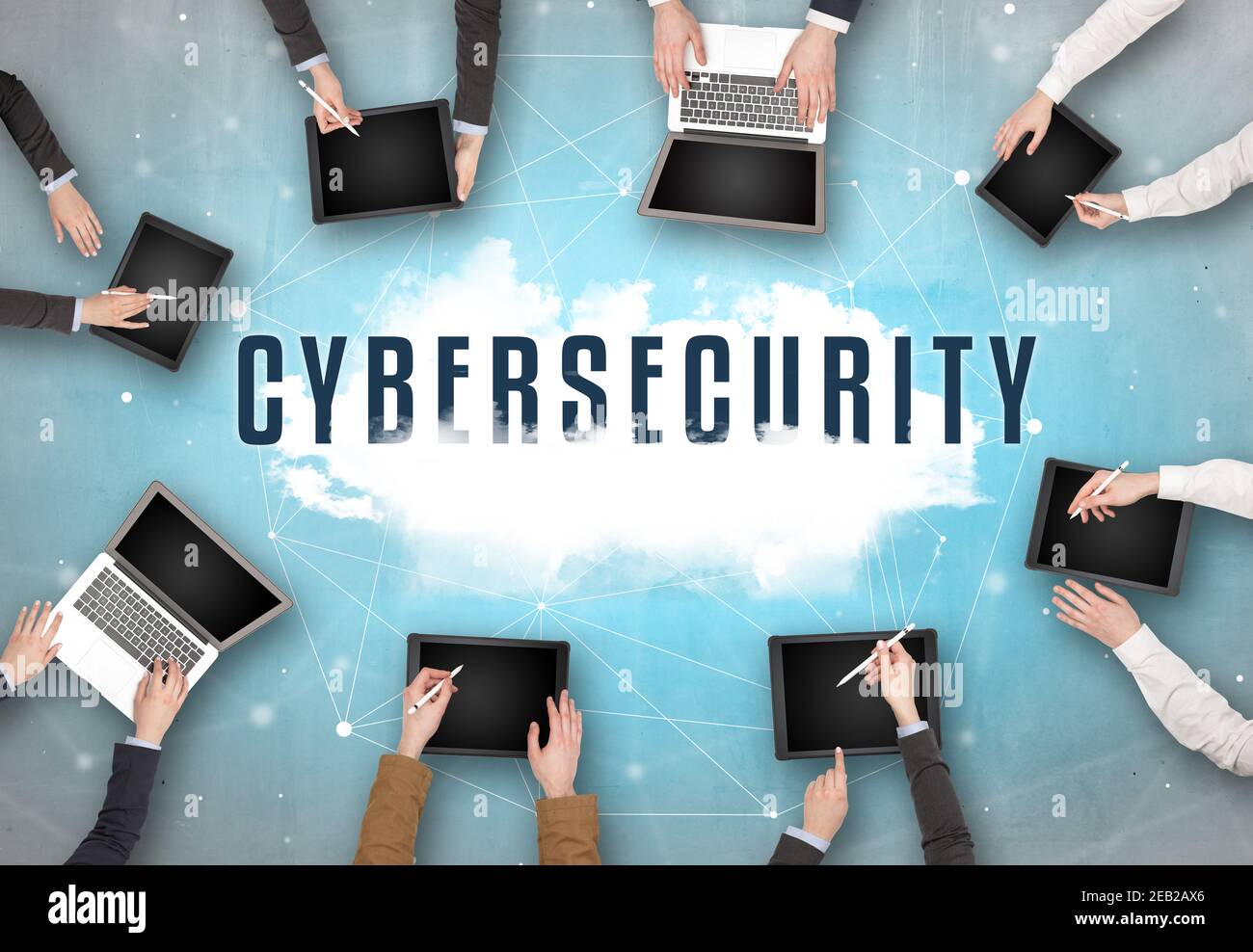 Group of people having a meeting with CYBERSECURITY insciption, web ...