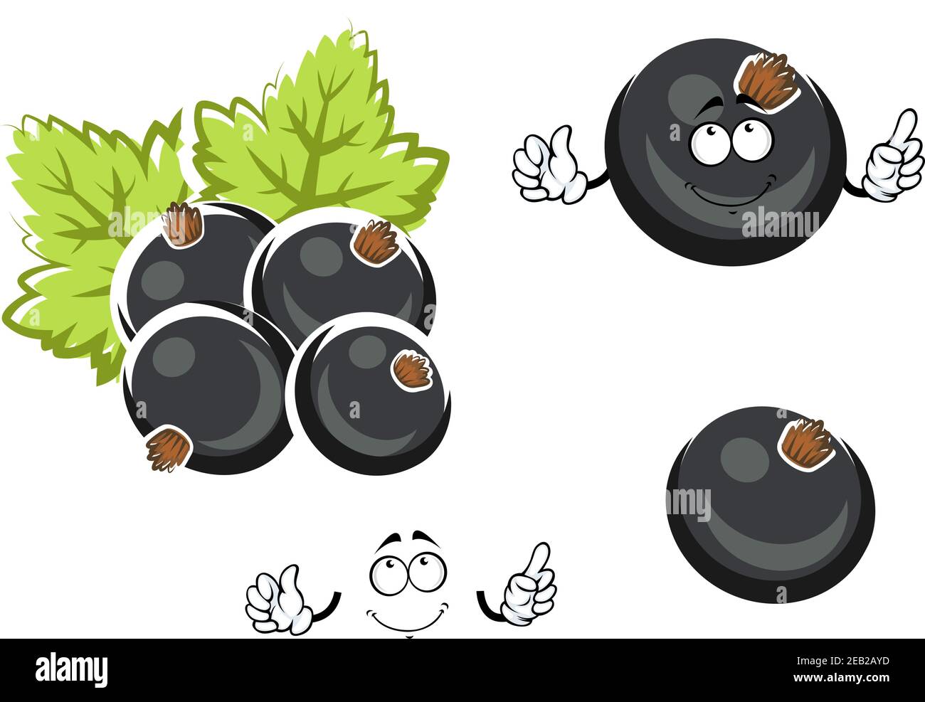 Cartoon black currant berry character with ripe berry, dry perianth and ...