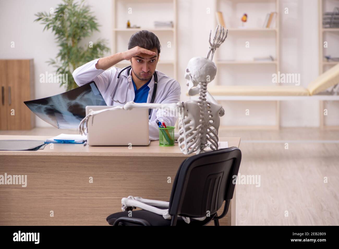 Young doctor radiologist and skeleton patient in the clinic Stock Photo ...