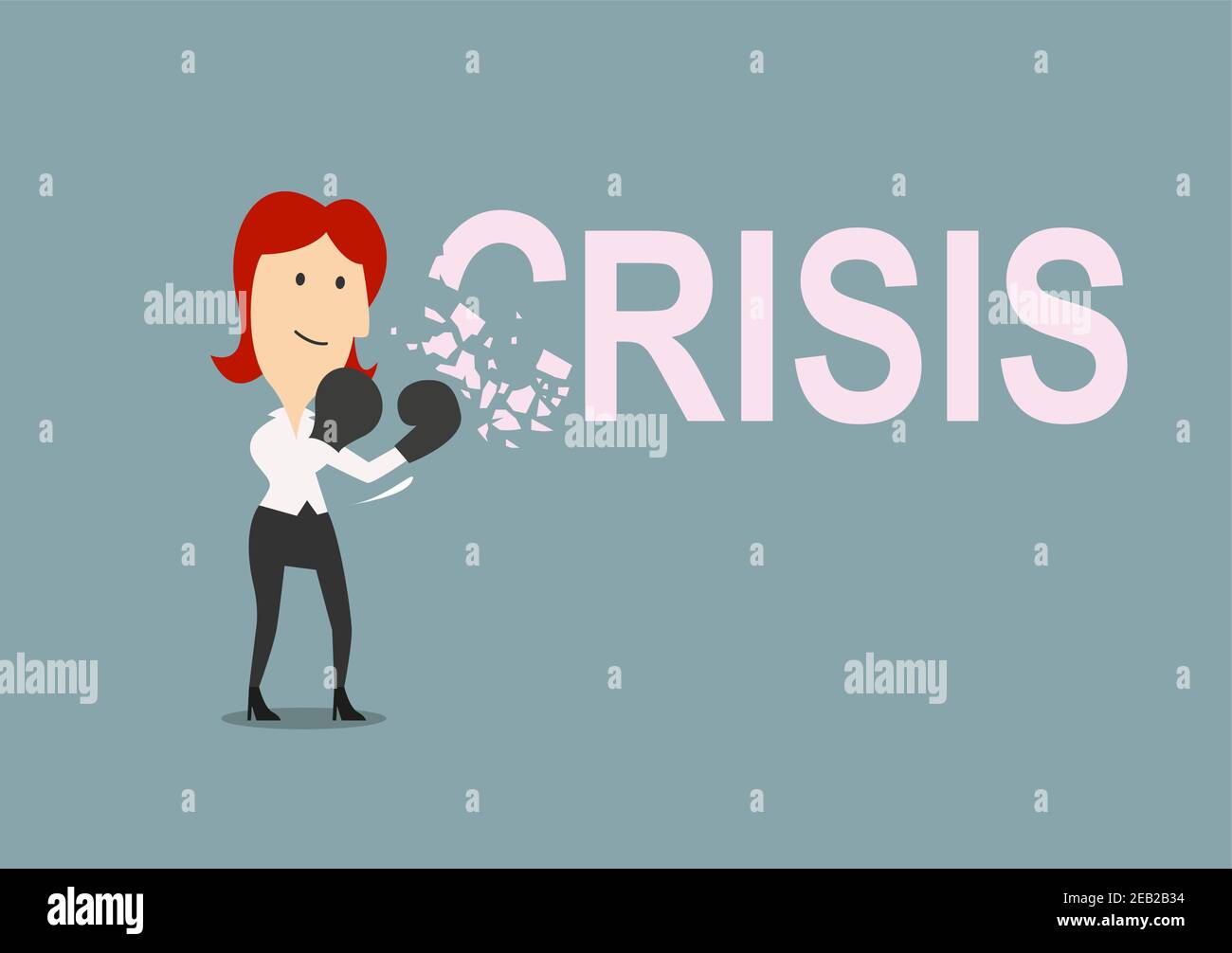 Successful businesswoman beats the crisis with boxing gloves. Cartoon ...