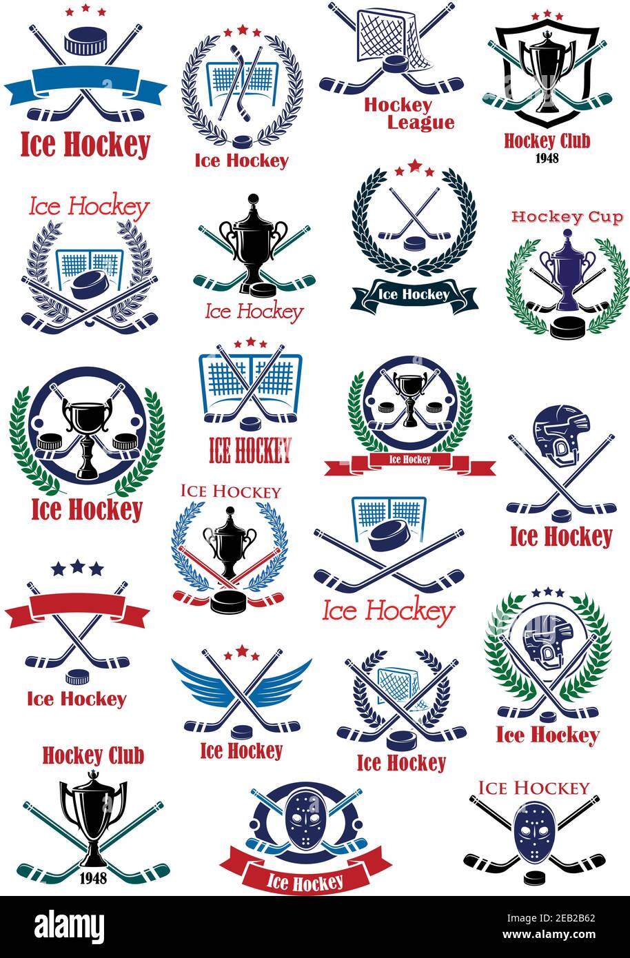 Ice hockey game icons and emblems with hockey sticks, pucks, goalie ...
