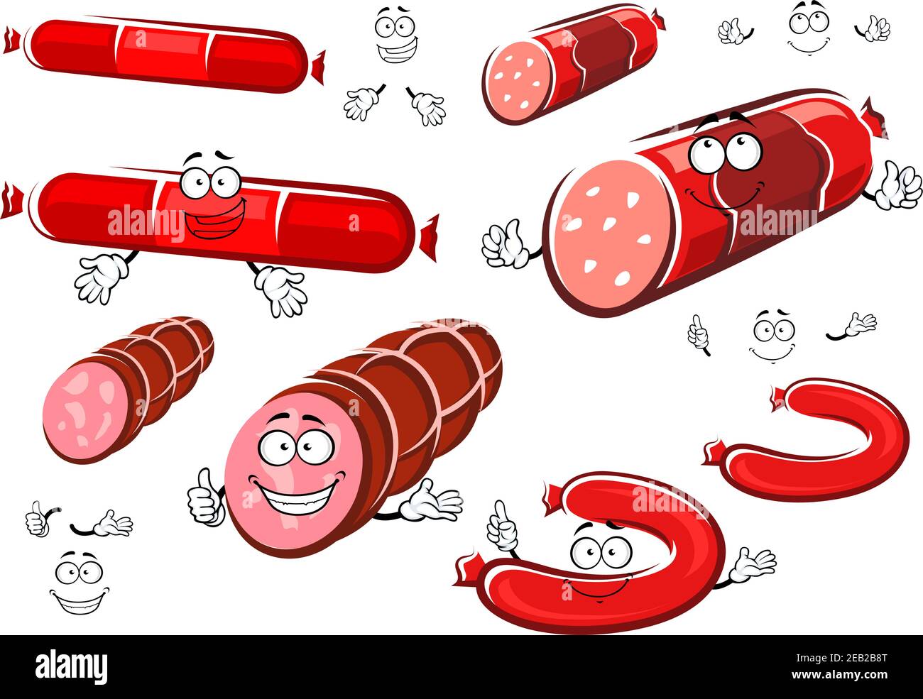 Funny cartoon smoked meat sausages, ham, wurst and salami isolated on ...