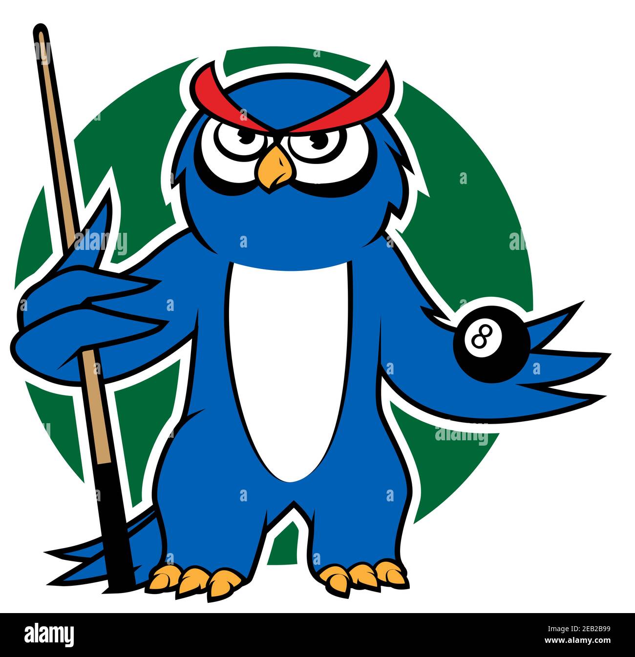 Cartoon blue owl player with billiard ball and cue, for sporting mascot ...