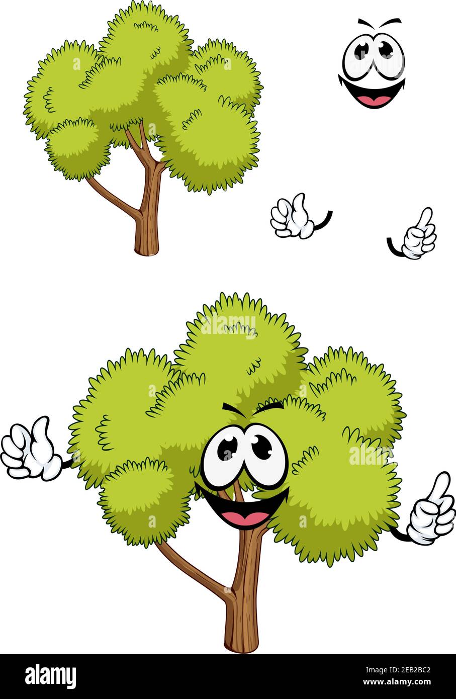Friendly green tree cartoon character with fresh spring branches, for ...