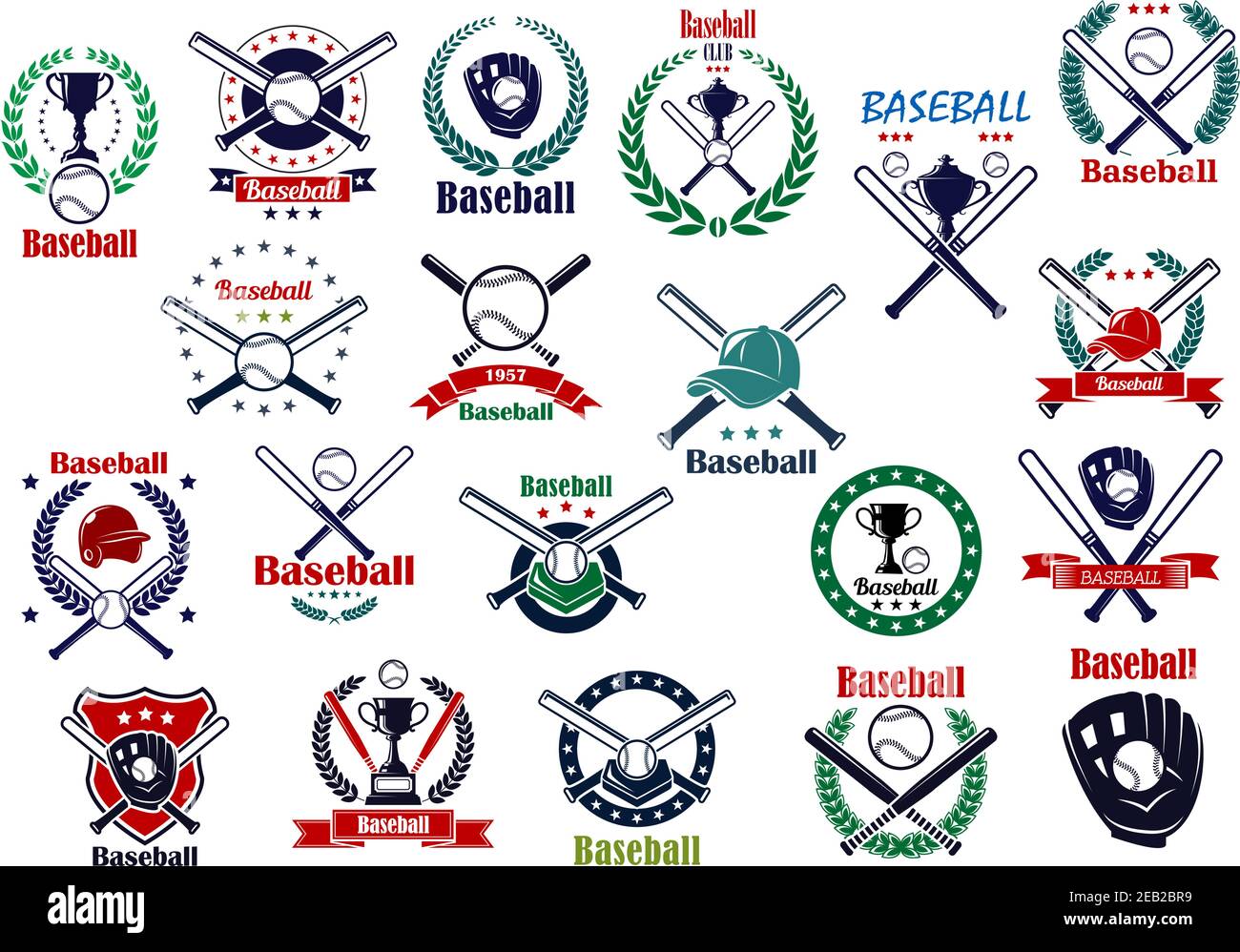 Baseball game emblems and icons with balls, crossed bats, trophy cups ...