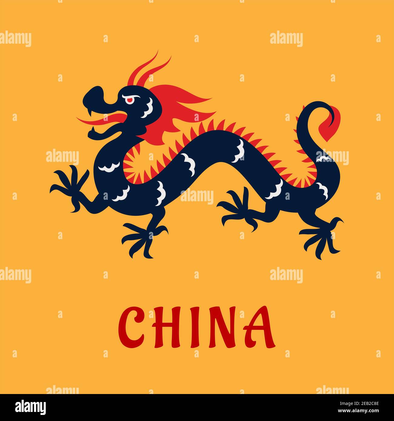 Traditional chinese dragon in flat style with red crest and long blue ...