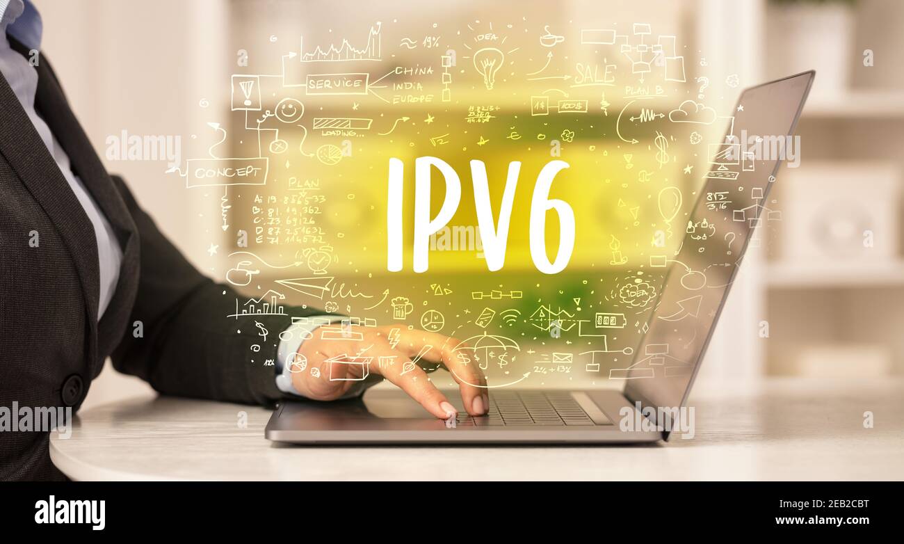 hand working on new modern computer with IPV6 abbreviation, modern technology concept Stock ...