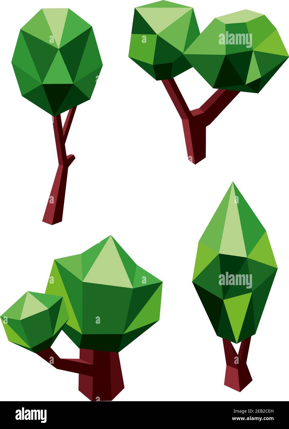 Geometric trees icons composed by green and brown polygons, isolated on ...
