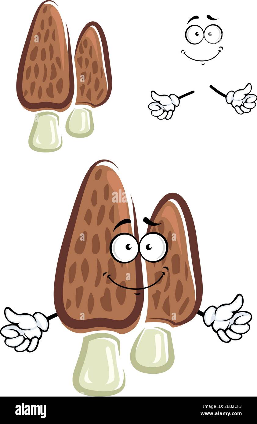 Cartoon fresh brown morel mushroom character with wrinkled cap and ...