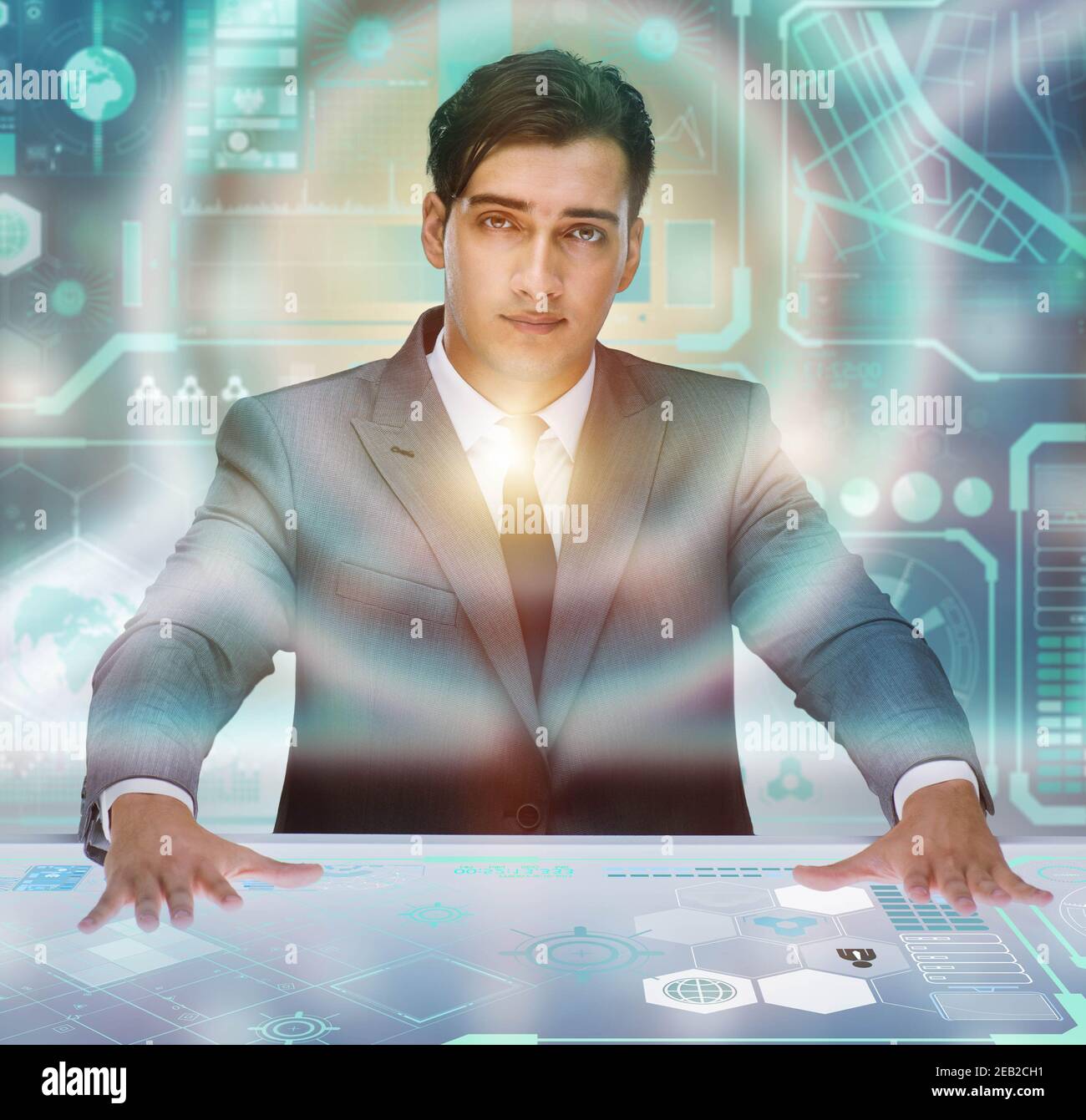 The man pressing virtual button in data mining concept Stock Photo - Alamy