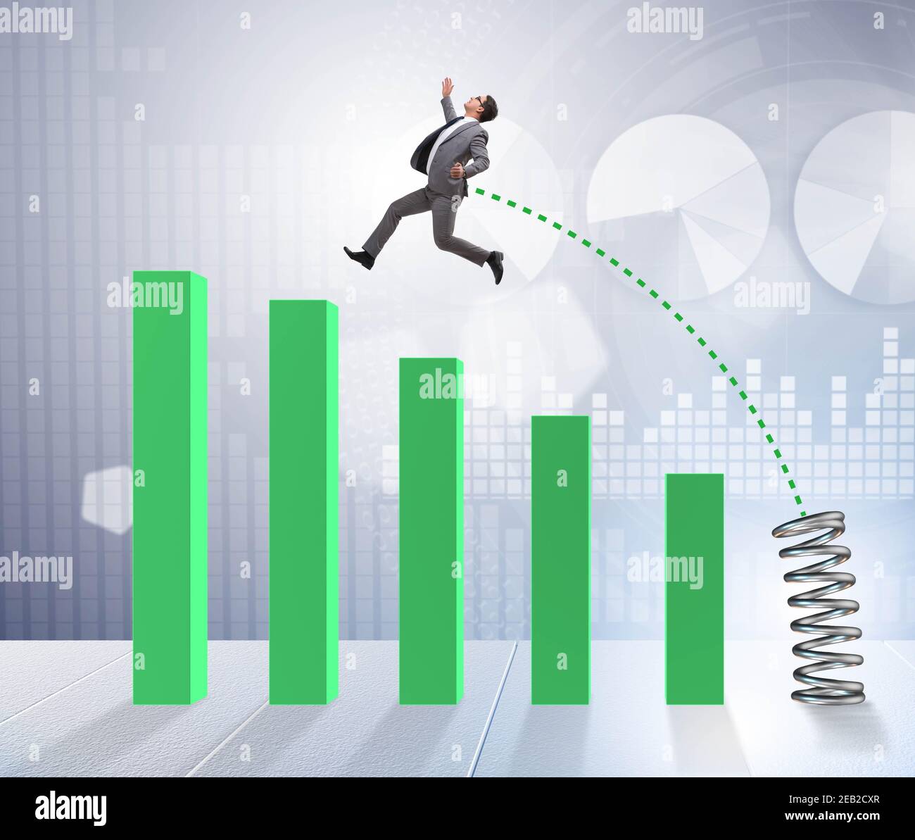 The business people jumping over bar charts Stock Photo - Alamy