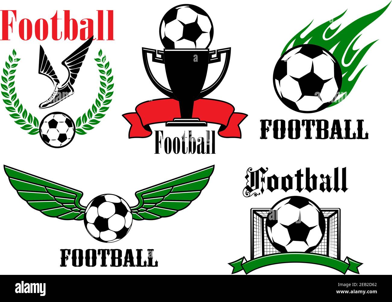 Football or soccer game emblemsand symbols with winged ball, shoes ...