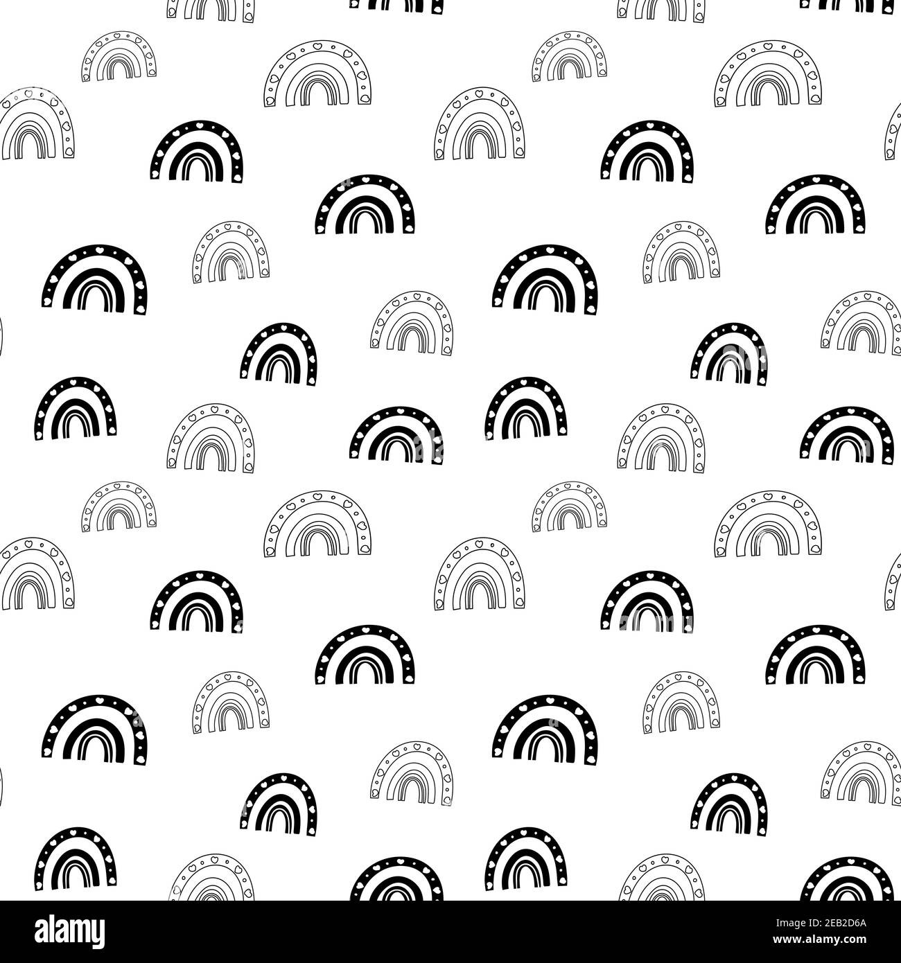 Rainbow seamless pattern, black and white hand-drawn arc doodle digital ...