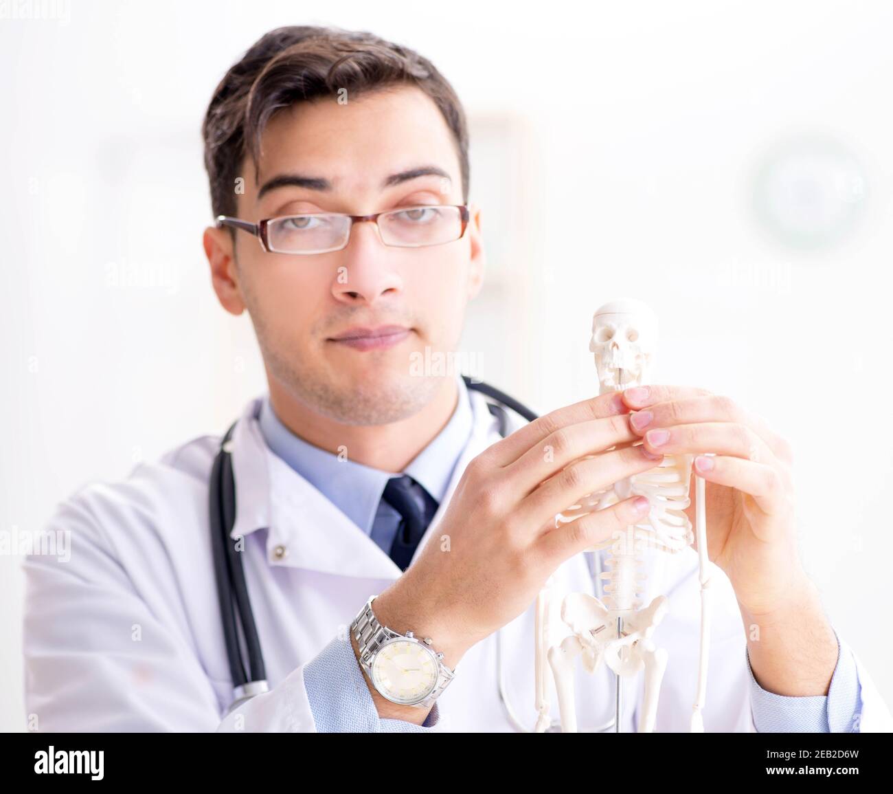 The doctor explaining human body on skeleton Stock Photo - Alamy