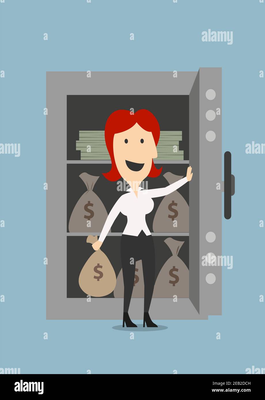 Happy smiling businesswoman opening the door of safe with money bags ...