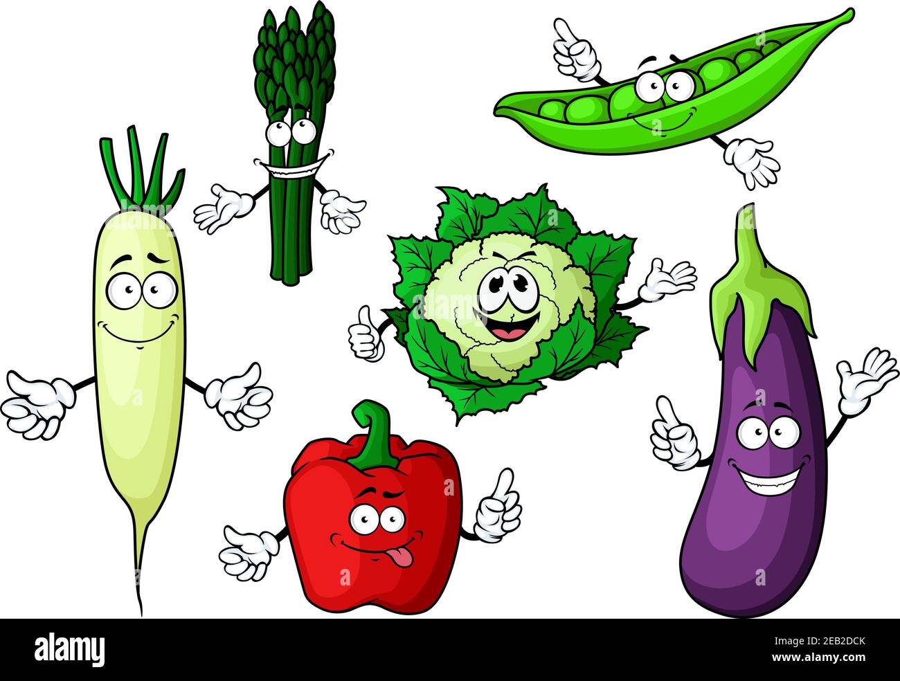 Fresh garden cartoon characters with bell pepper, eggplant, cauliflower ...